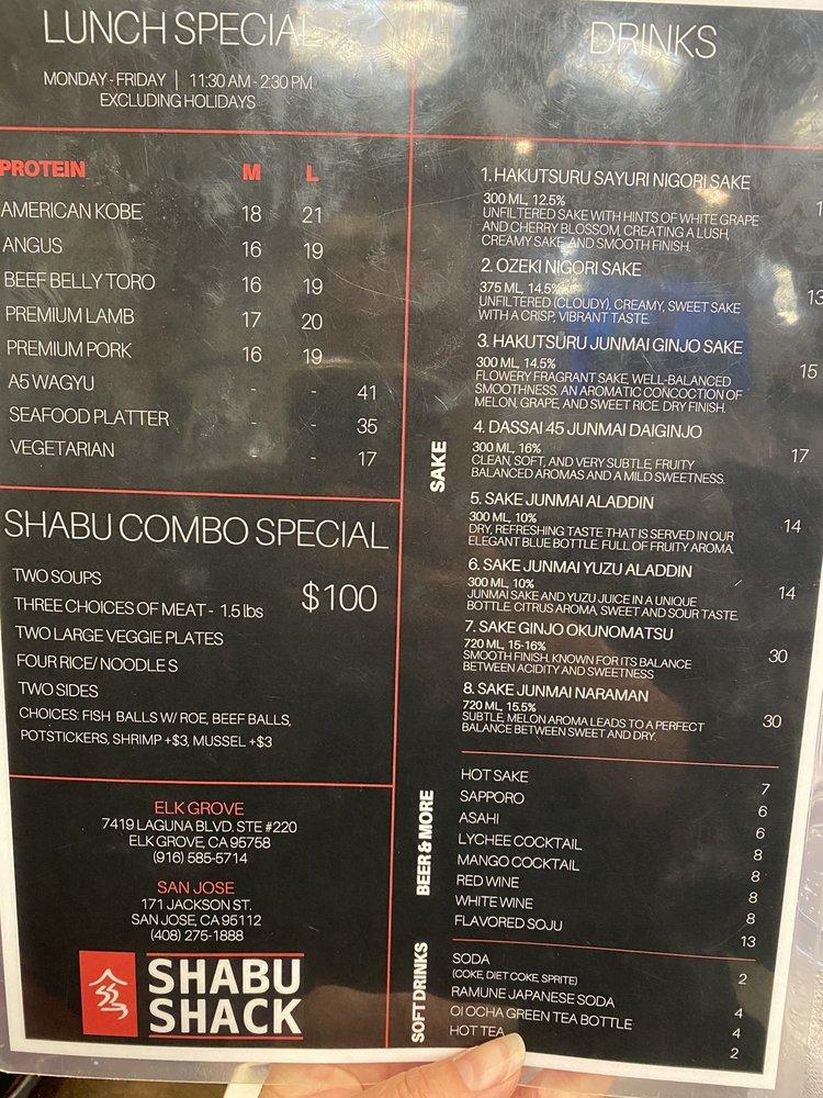 Menu at Shabu Shack restaurant, Elk Grove