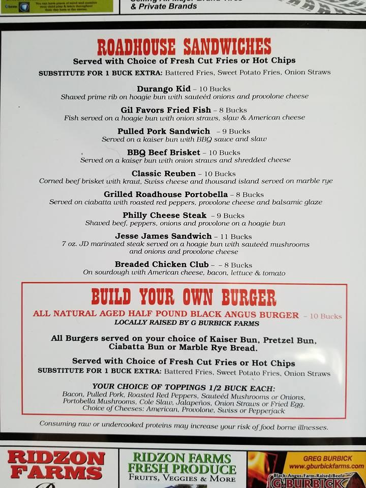 Menu at The Original Roadhouse steakhouse, East Palestine