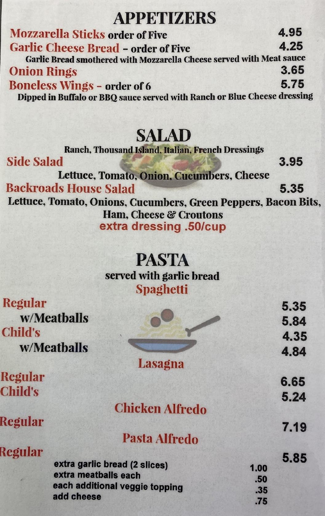 Menu at Backroads Pizza restaurant, USA, State Hwy 96 S