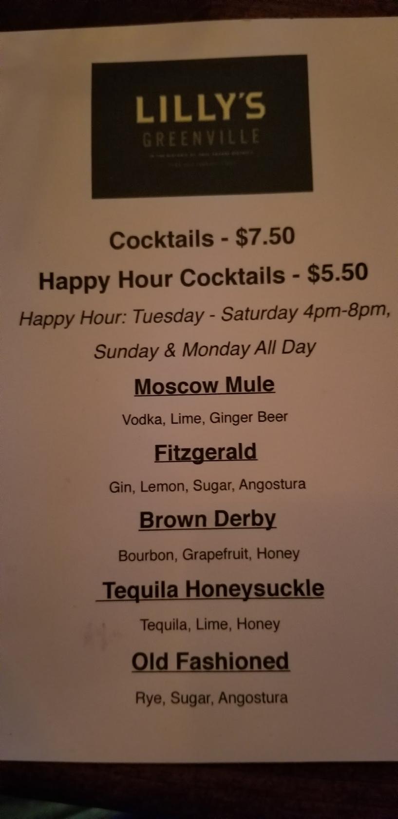 Menu at Lilly’s Greenville pub & bar, San Antonio