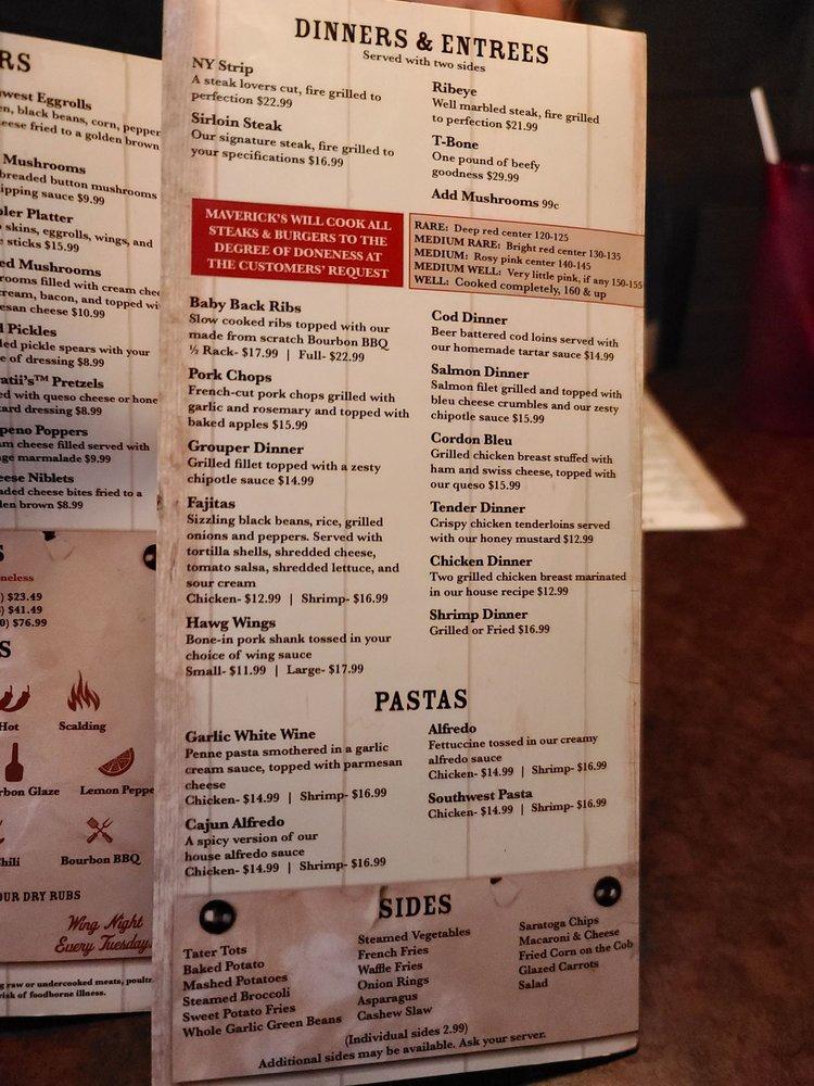 Menu at Maverick's pub & bar, Greendale