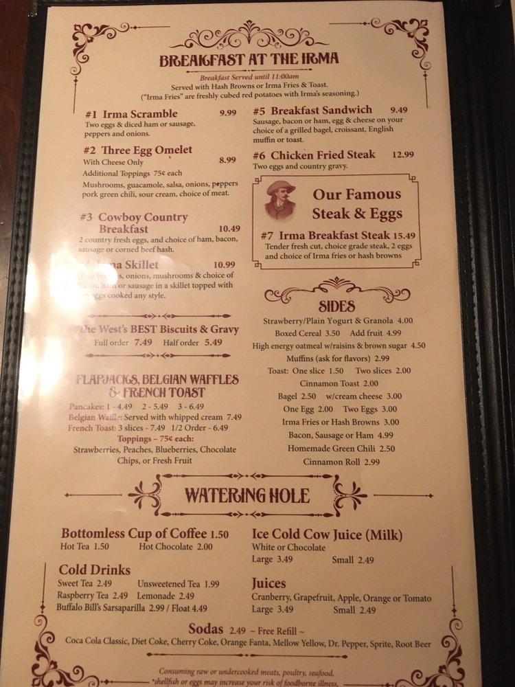 Menu at Buffalo Bill's Irma Hotel & Restaurant, Cody