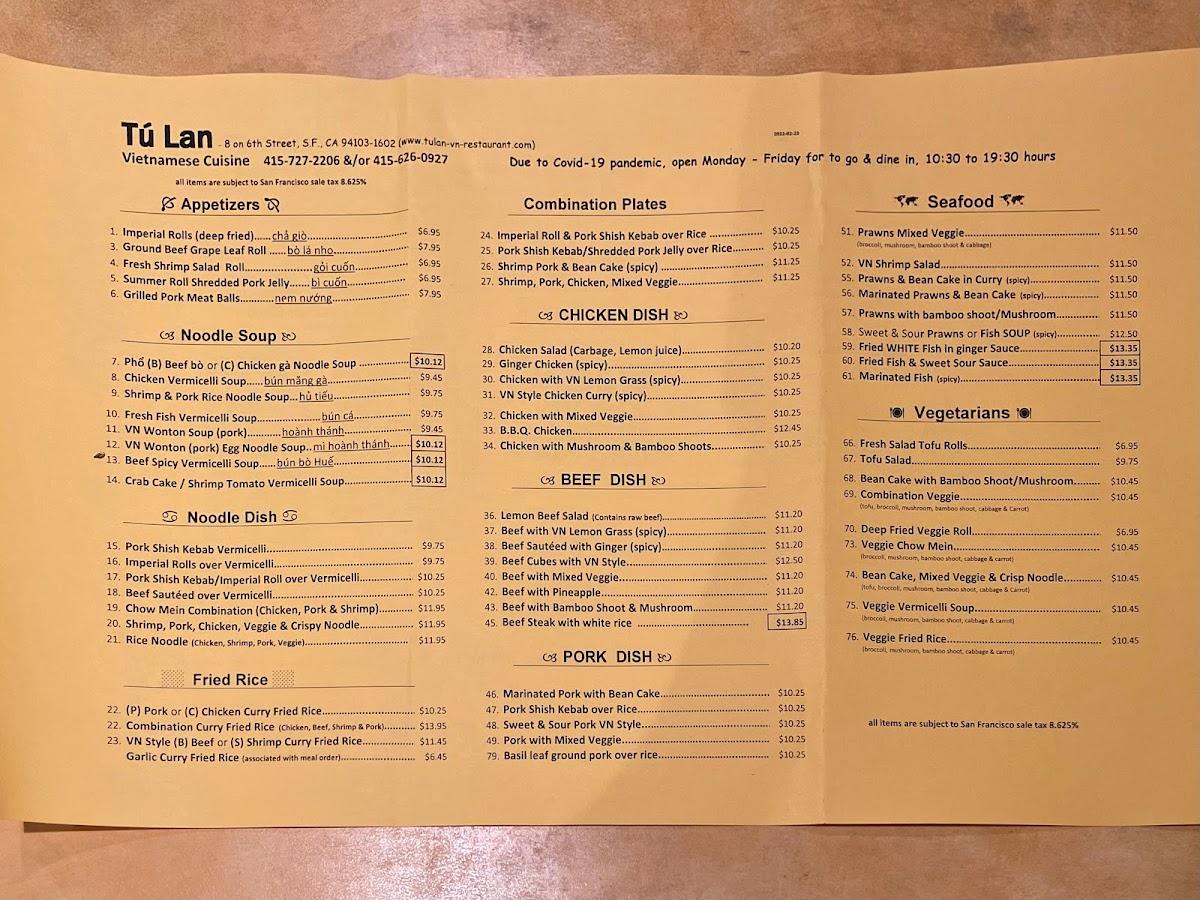 Menu at Tú Lan restaurant, San Francisco