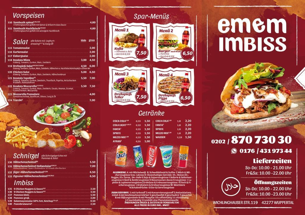 Menu at Em Em Imbiss restaurant, Wuppertal