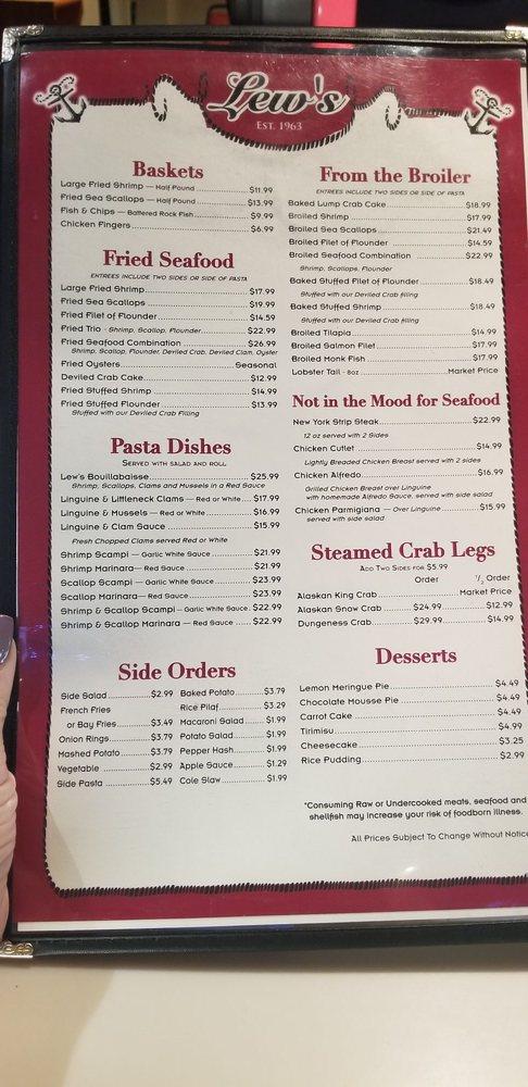 Menu at Lew's Seafood Takeout & Dockside Pub, Glenside