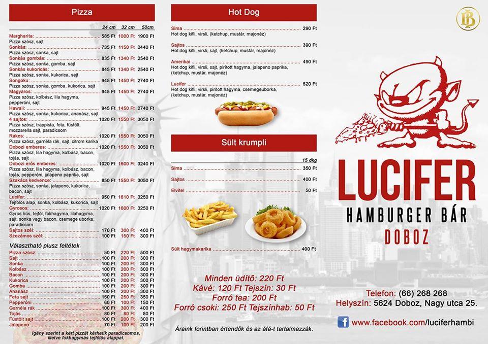 Menu at Lucifer Hamburger Bár restaurant, Doboz