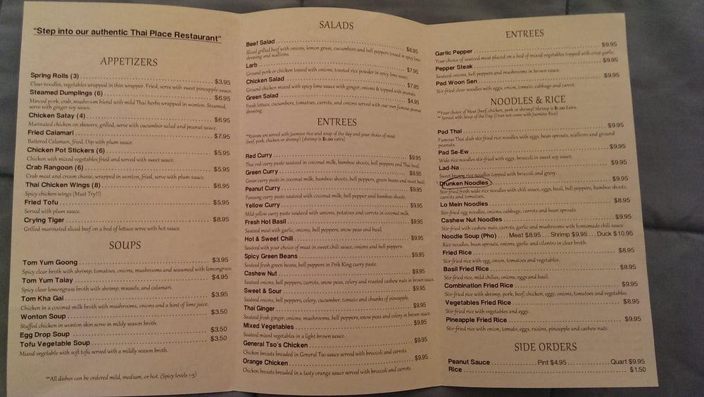 Menu at Thai Place restaurant, Tallahassee