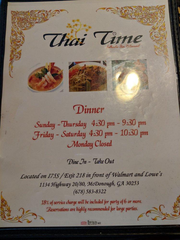 Menu at Thai Time restaurant, McDonough