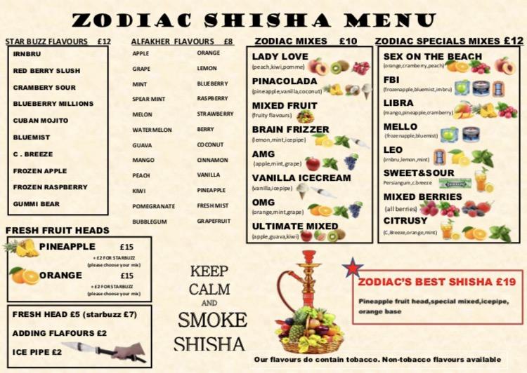 Menu at Zodiac Shisha Lounge pub & bar, Liverpool