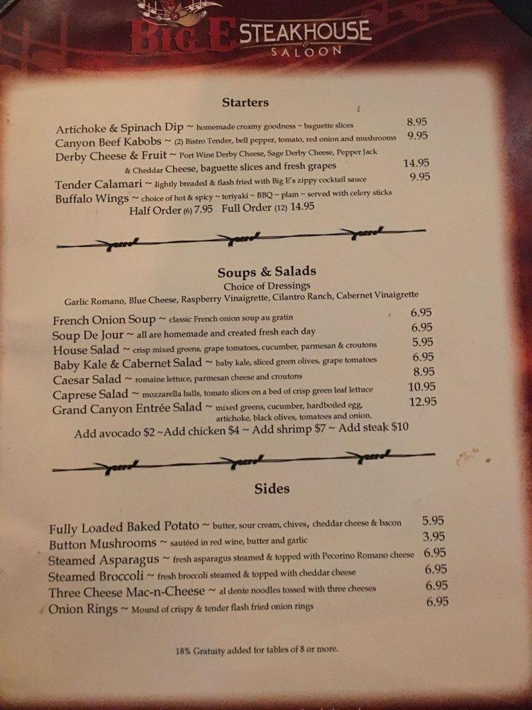 Menu at Big E Steakhouse & Saloon, Tusayan