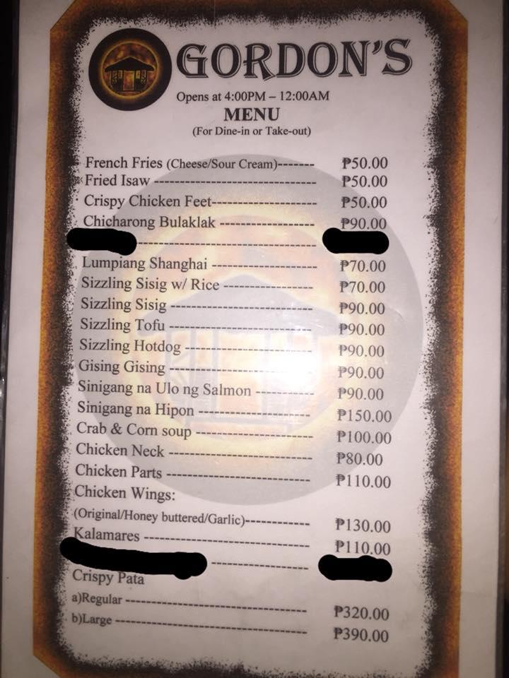 Menu at Gordon's Hut pub & bar, Bongabon