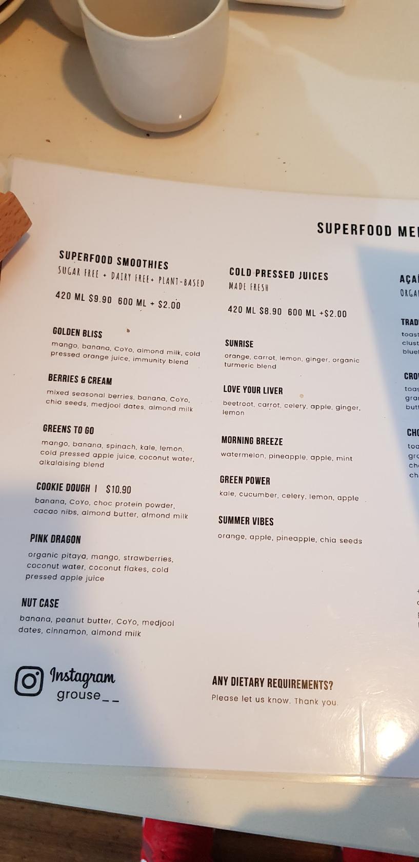 Menu at Grouse cafe, Carnegie