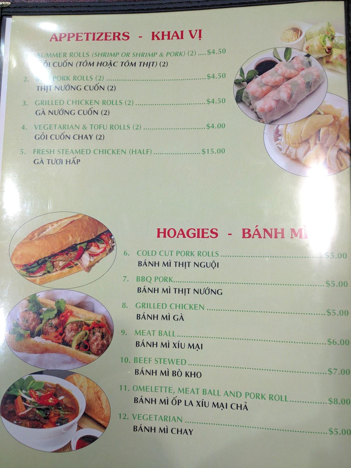 Menu at Pho Viet restaurant, Bloomsburg