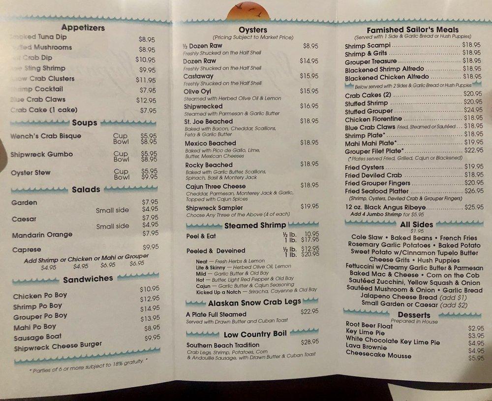 Menu at Shipwreck Raw Bar, Mexico Beach