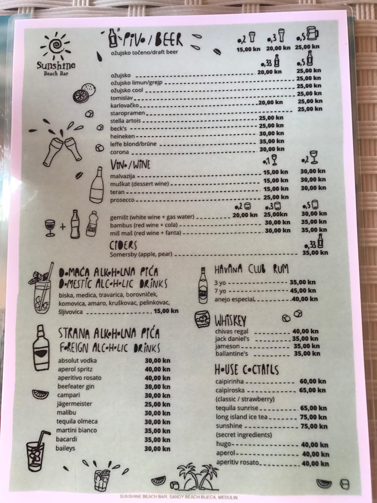 Menu at SunShine Beach Bar, Medulin