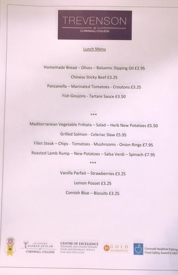 Menu at Trevenson Restaurant, Redruth, Cornwall College