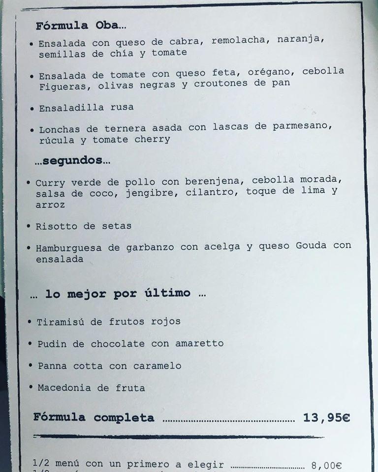 Menu at Cafe' Restaurante Oba, Barcelona
