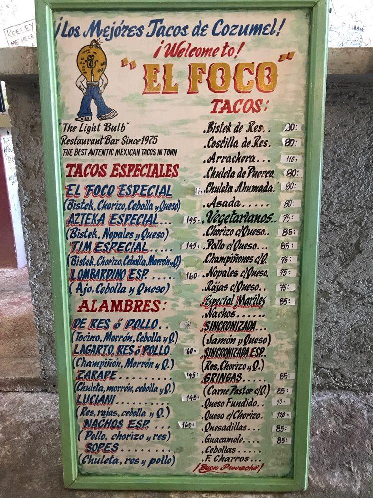Menu at El Foco restaurant, San Miguel de Cozumel