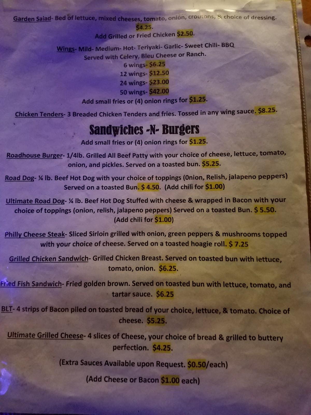 Menu at JT's Roadhouse Bar, Tampa
