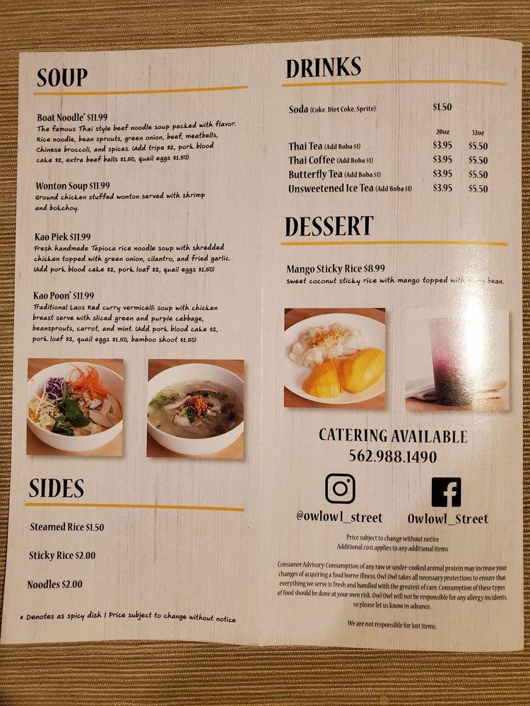 Menu at Owl Owl Thai Lao Street Food restaurant, Signal Hill