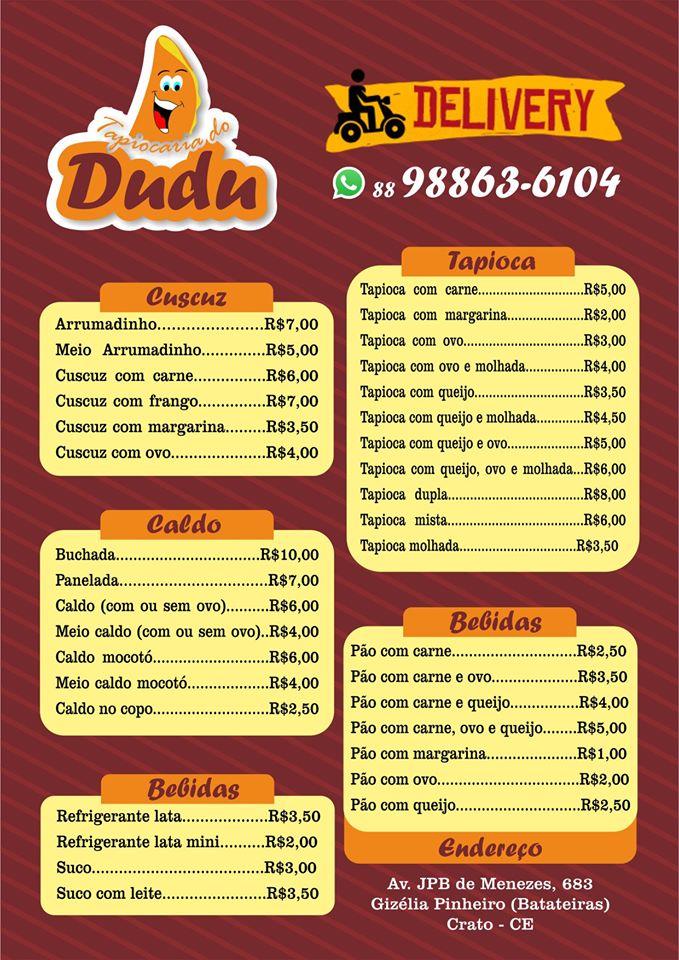 Menu at Tapiocaria do Dudu cafeteria, Crato