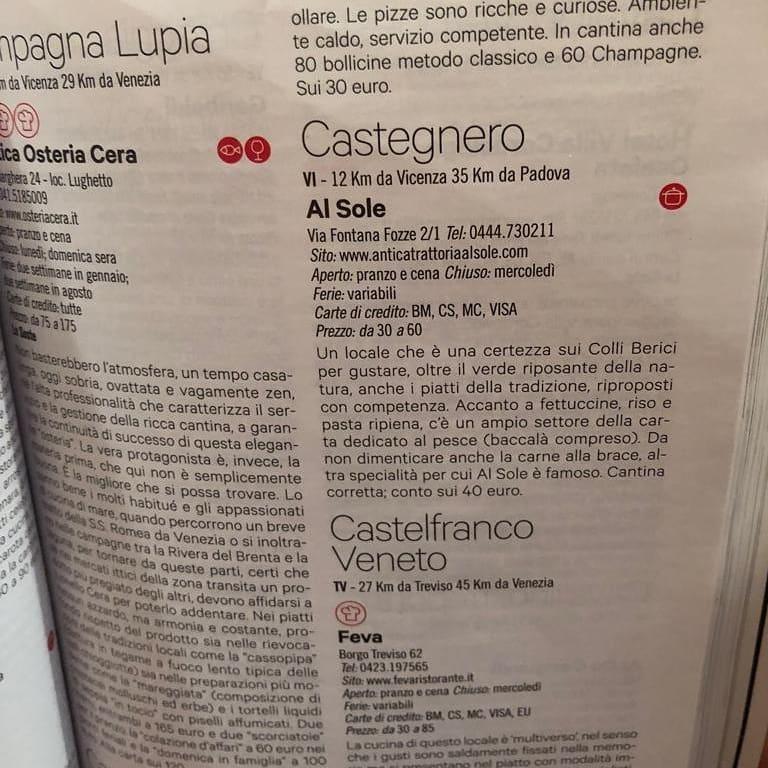 Menu at Antica Trattoria Al Sole restaurant, Castegnero