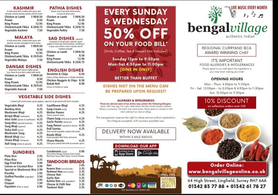 Menu at Bengal Village Lingfield restaurant, Lingfield