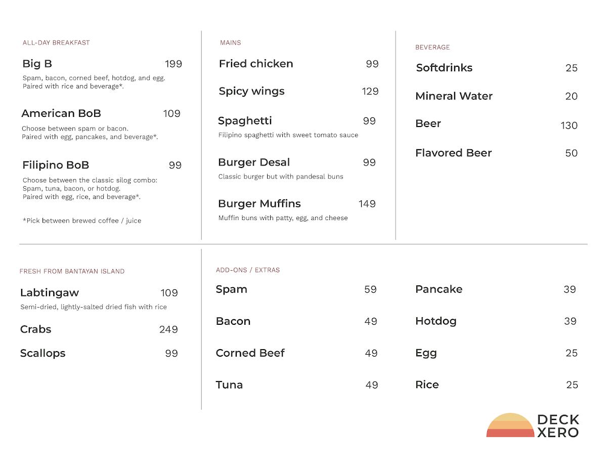 Menu at Deck Xero restaurant, Toledo City