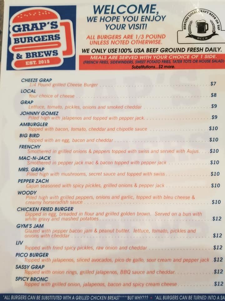 Menu at Grap's Burgers & Brews pub & bar, Belle Fourche