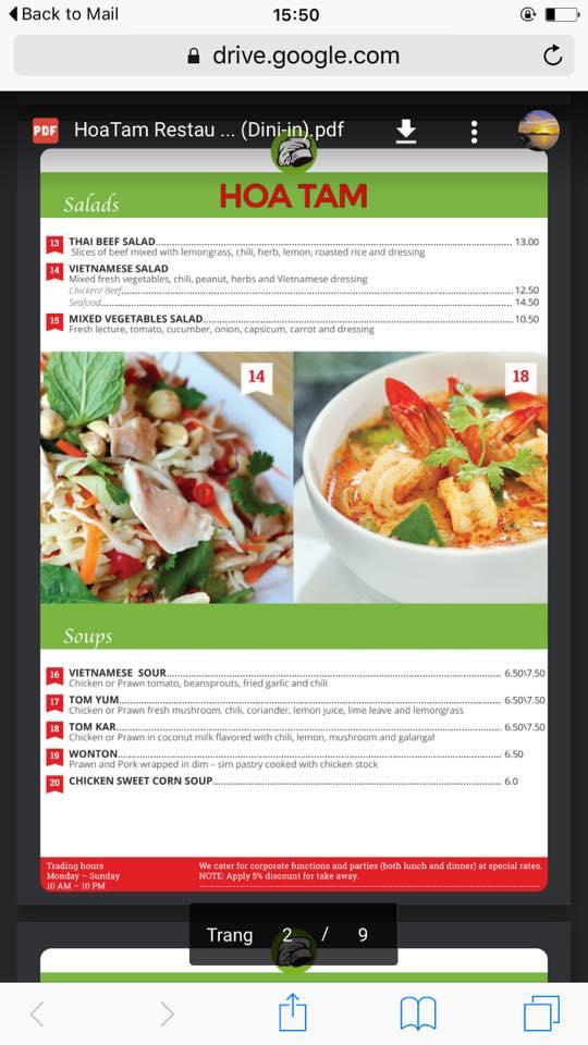 Menu at Hoa Tam restaurant, Gilles Plains