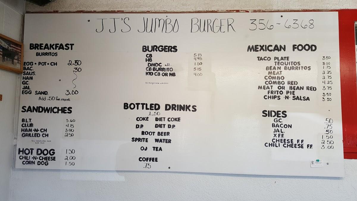Menu at J J's Jumbo Burgers restaurant, Portales