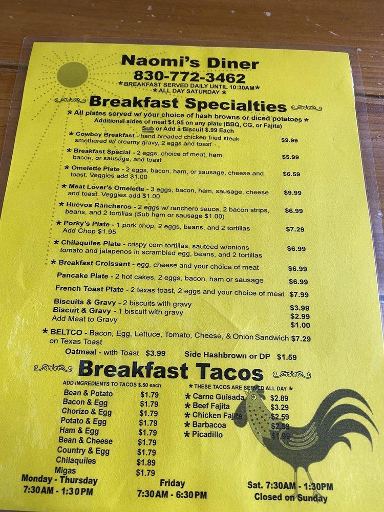 Menu at Naomi's Diner restaurant, Lytle, Main St #100