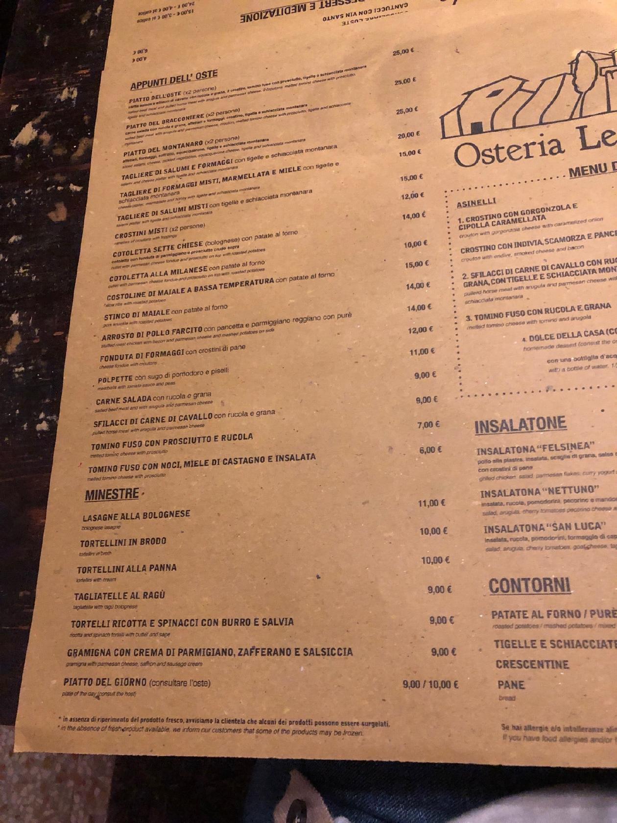 Menu da Osteria Le Sette Chiese ristorante, Bologna