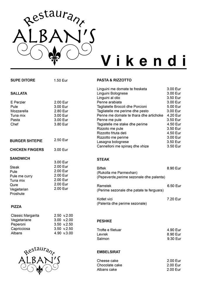 Menu at Restaurant Alban' s, Prishtina