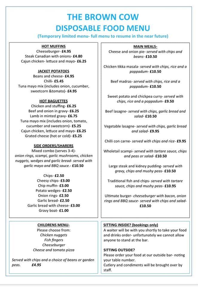Menu at The Brown Cow pub & bar, Bury, Burrs Country Park