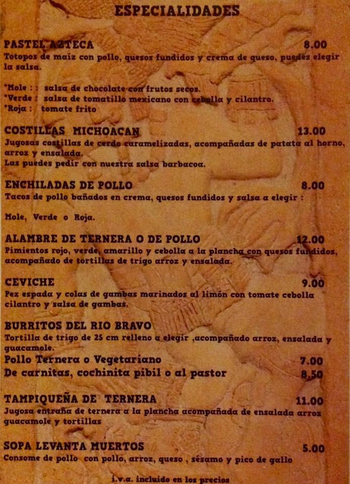Menu at El Mexicano restaurant, Colombres