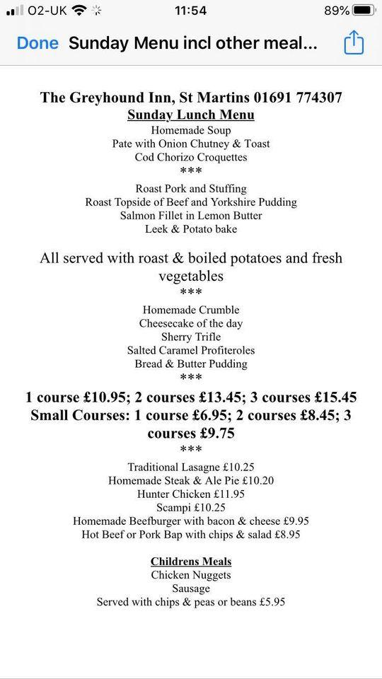 Menu at Greyhound Inn restaurant, Saint Martin's