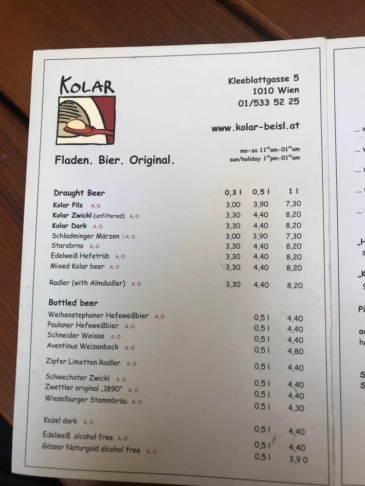 Menu at Kolar Beisl - Kleeblattgasse pub & bar, Vienna, Kleeblattgasse 5