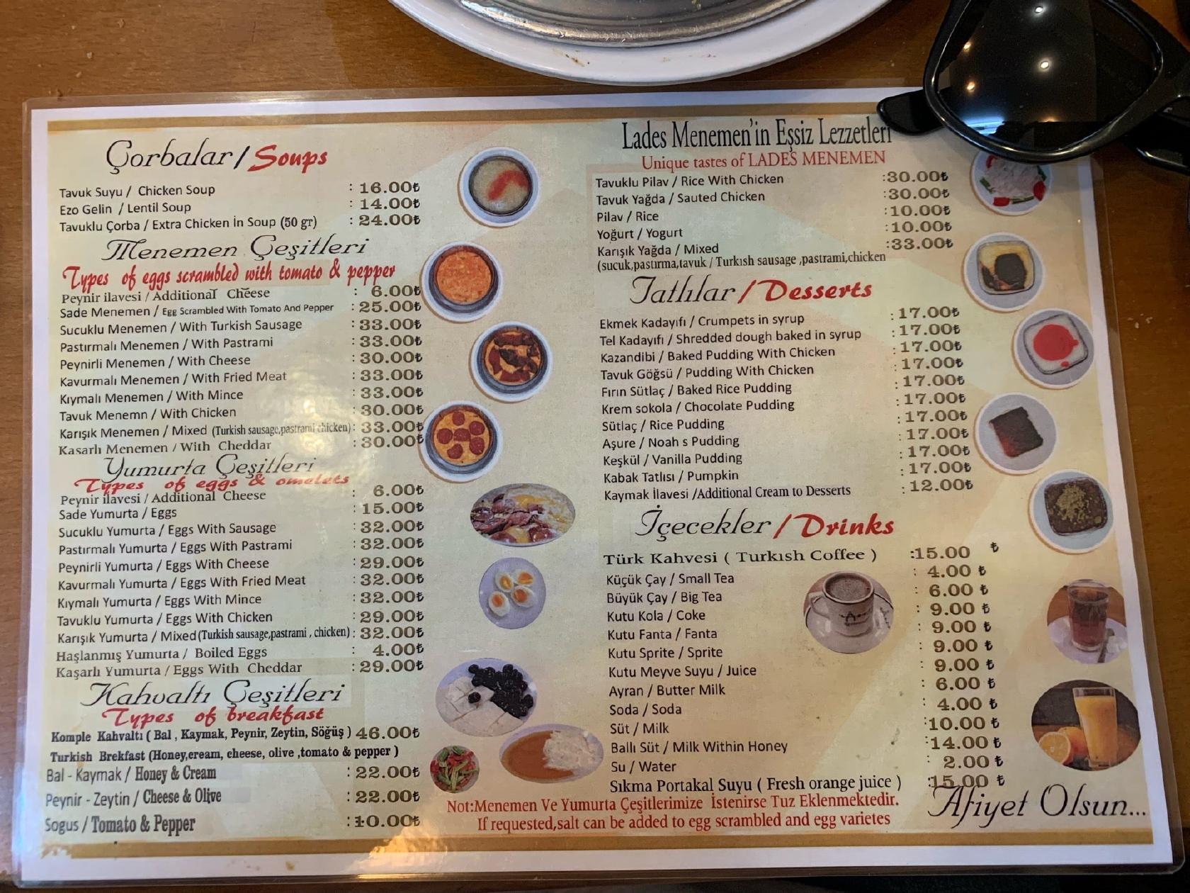 Menu at Lades Menemen, Istanbul