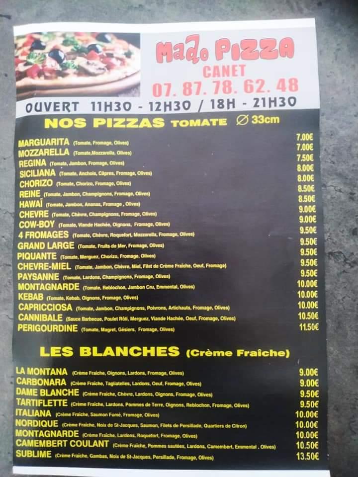Menu at Mado pizza restaurant, Canet