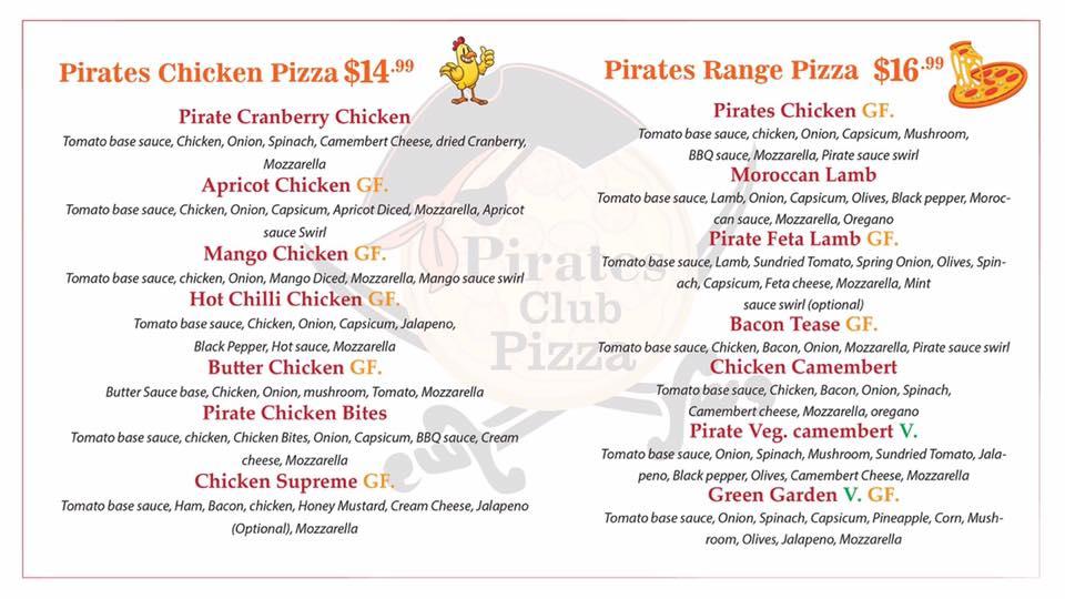 Menu at Pirate Pizza restaurant, Raglan