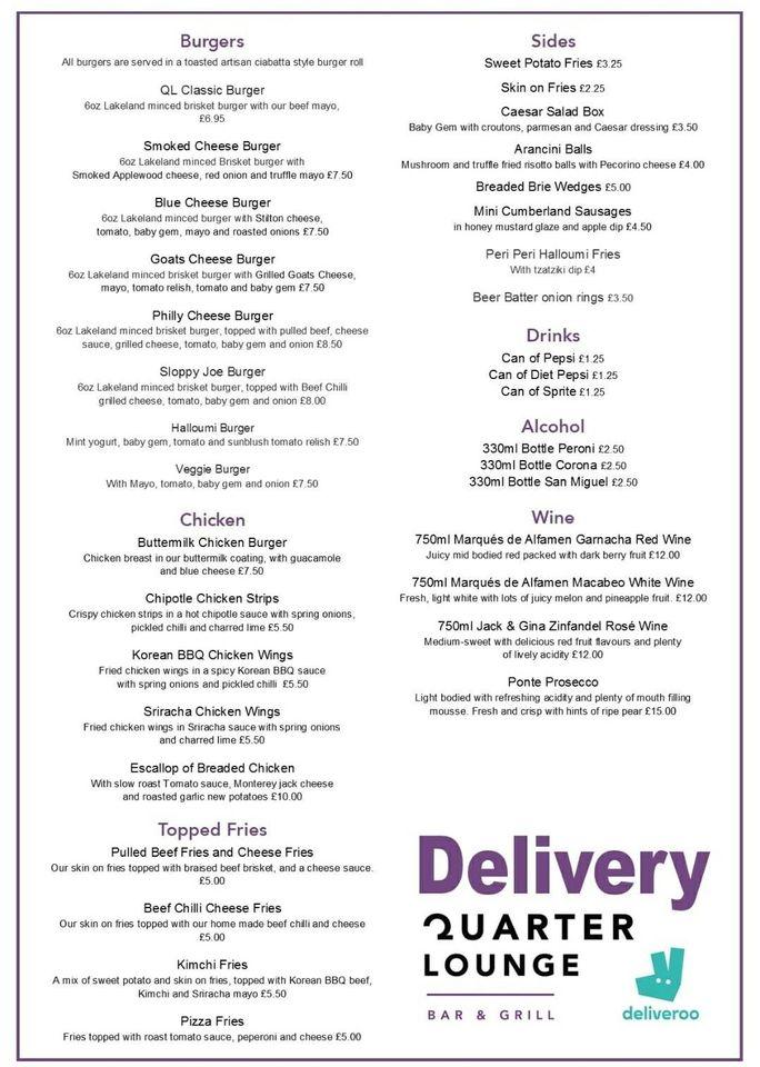 Menu at The Quarter Lounge restaurant, Carlisle