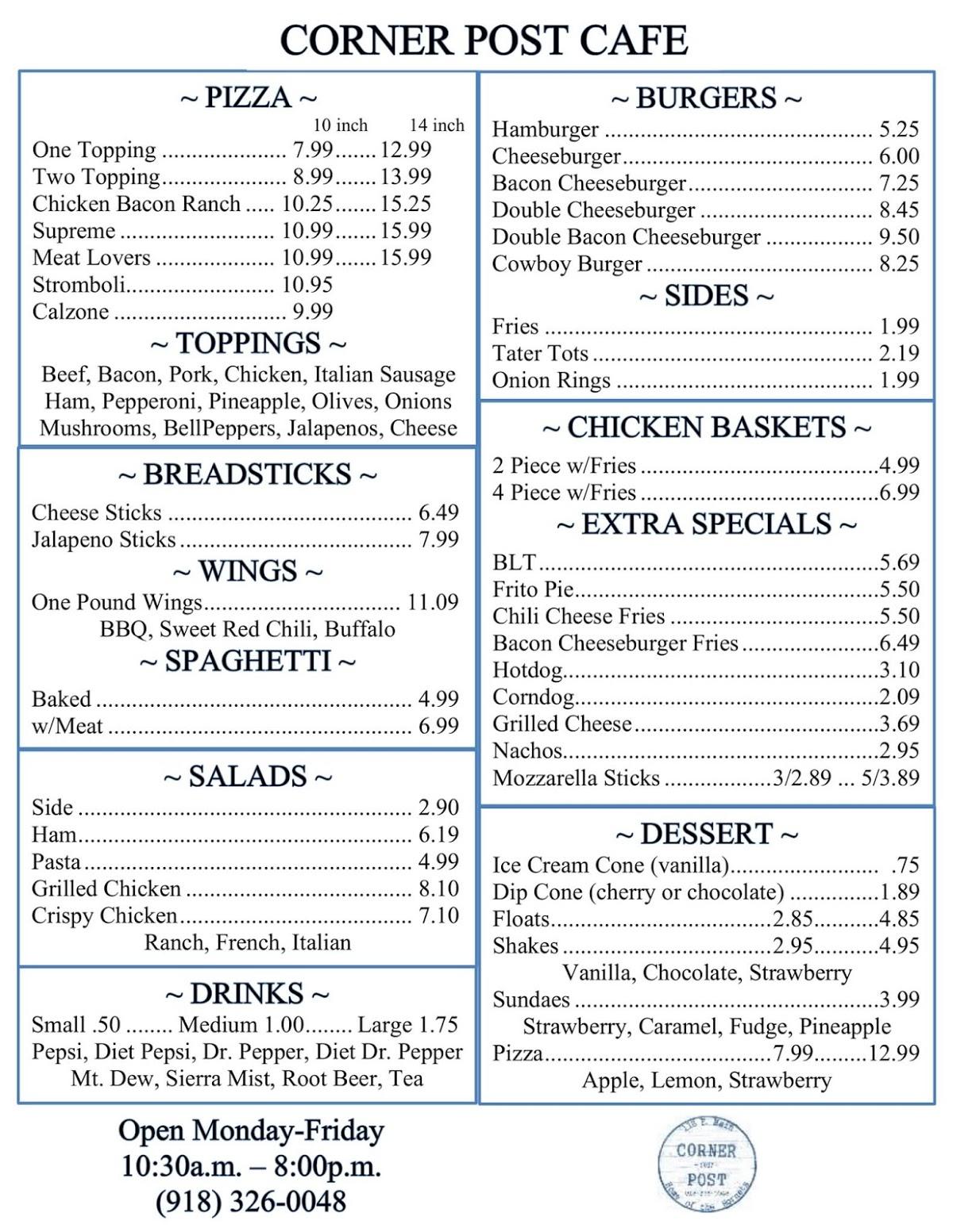 Menu at Corner Post Cafe, Colcord