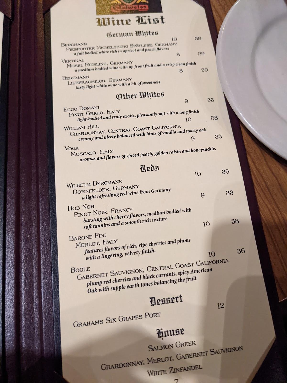 Menu at Edelweiss German Restaurant, Fort Worth