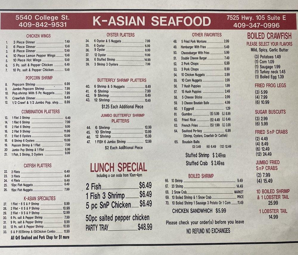 Menu at K Asian Kitchen restaurant, Beaumont, College St