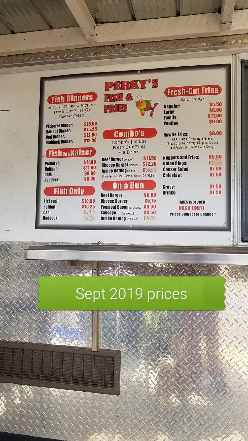 Menu at Perky's Fish & Fries restaurant, Canada
