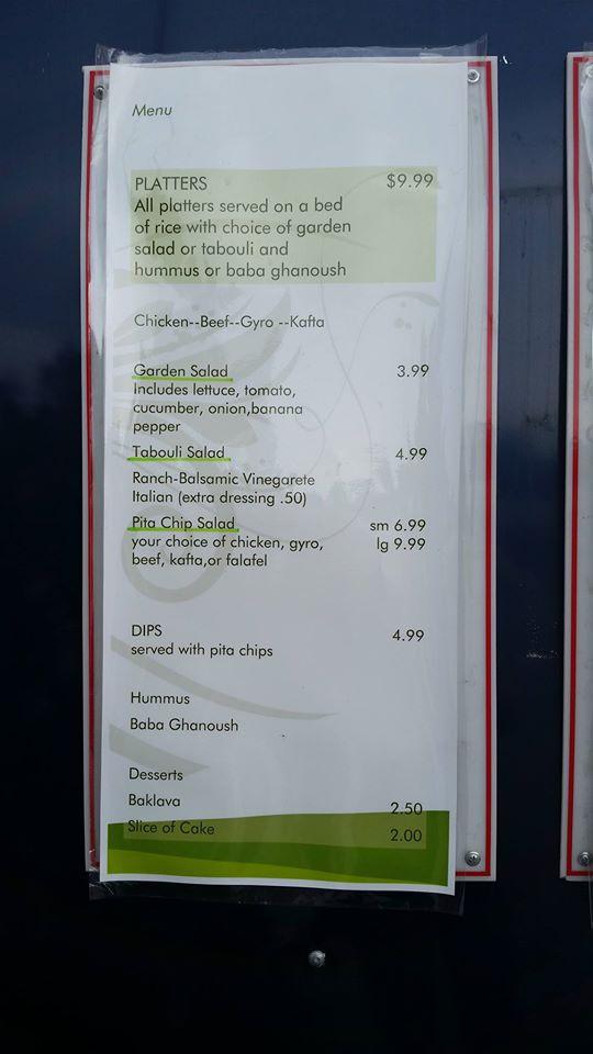 Menu at Pita pocket restaurant, St. Augustine
