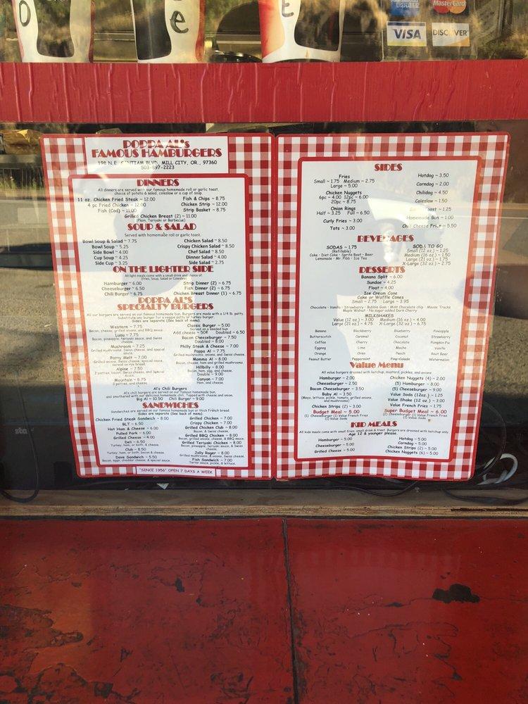 Menu at Poppa Al's Famous Hamburgers restaurant, Mill City