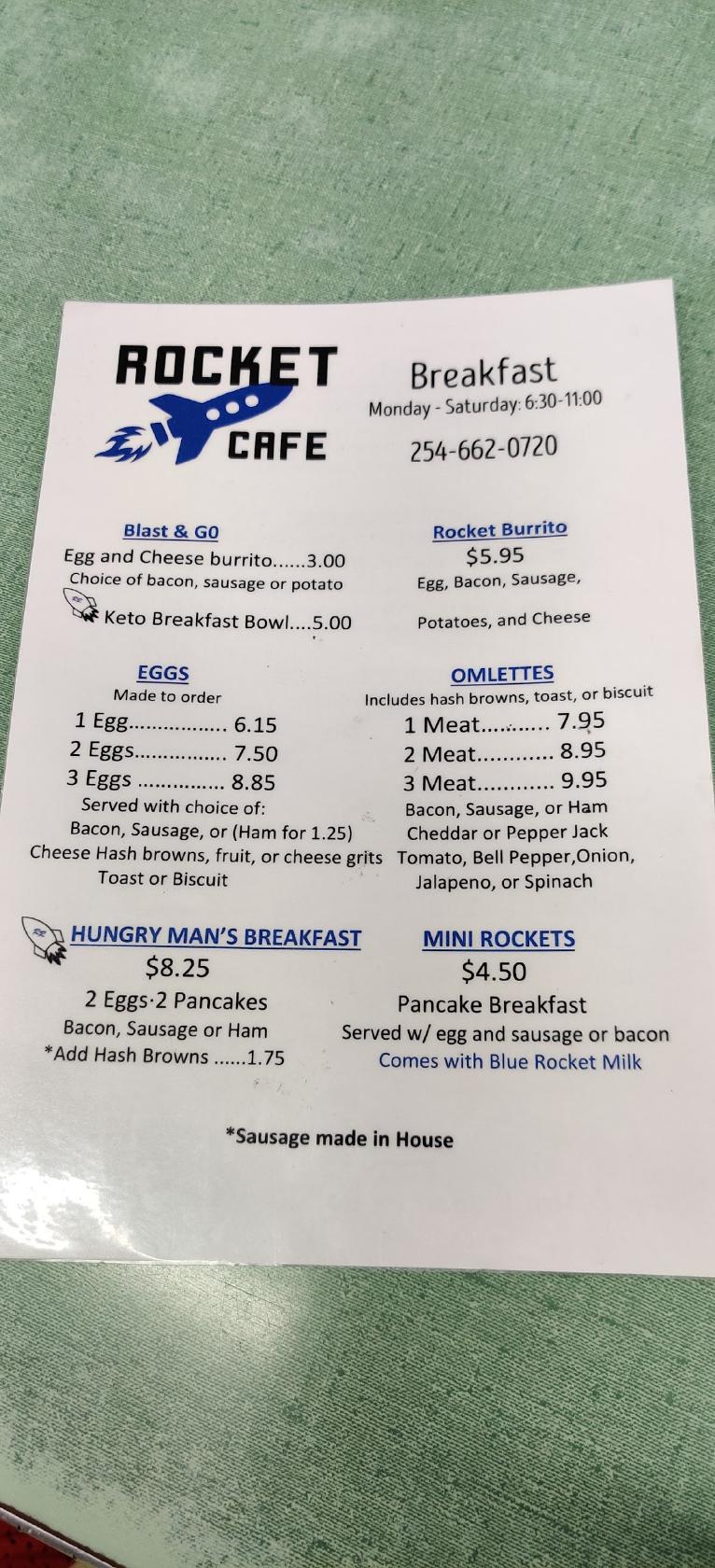 Menu at Rocket Cafe, Robinson, 305 S Robinson Dr