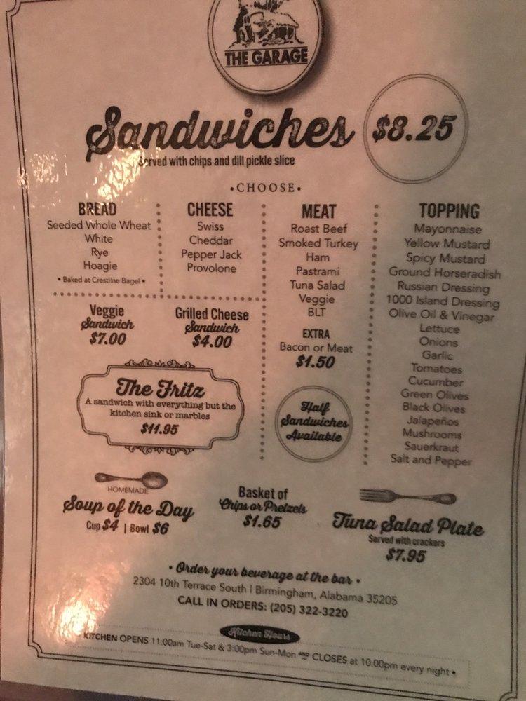 Menu at The Garage pub & bar, Birmingham